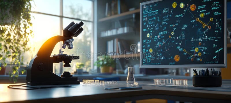 Microscope Stands on Desk with Formulas on Monitor in Modern Light ...