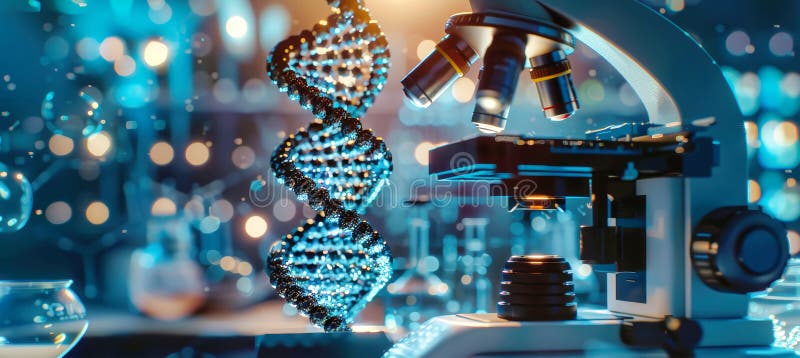 A Microscope Stands in a Laboratory, with a Glowing, Intricate DNA ...