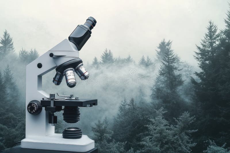 Microscope Positioned in a Misty Forest, Connecting Nature and Science ...