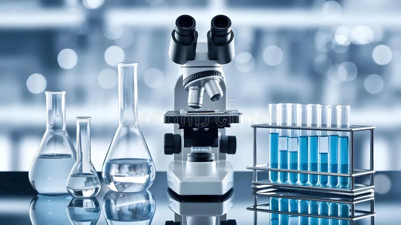 A Microscope Stands on a Table with Two Beakers Filled with Liquid and ...