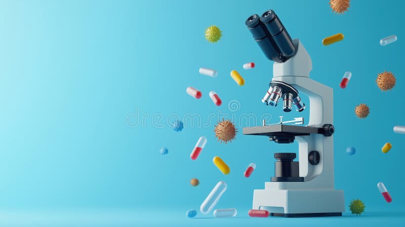 Microscope Surrounded by Colorful Microorganisms and Capsules on Blue ...