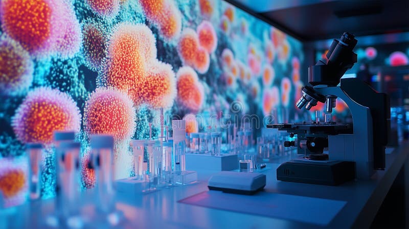 A Microscope is on a Table with a Computer Monitor Behind it Stock ...