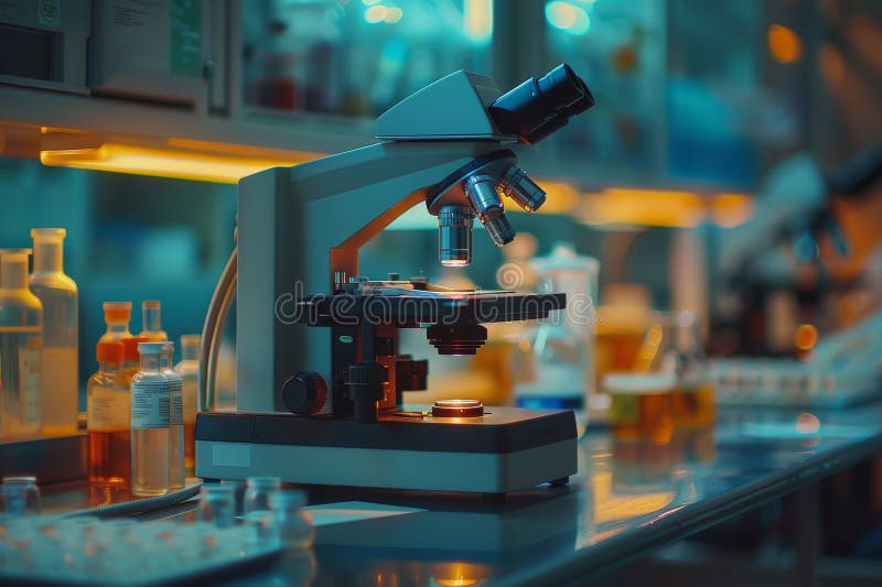 A Microscope is on a Table with a Few Bottles and a Light Stock Image ...