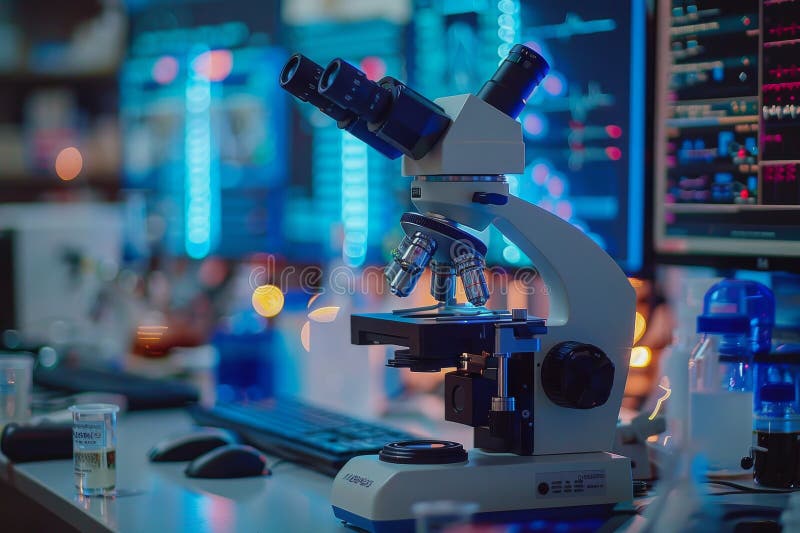 A Microscope is on a Table with a Few Bottles and a Light Stock Photo ...