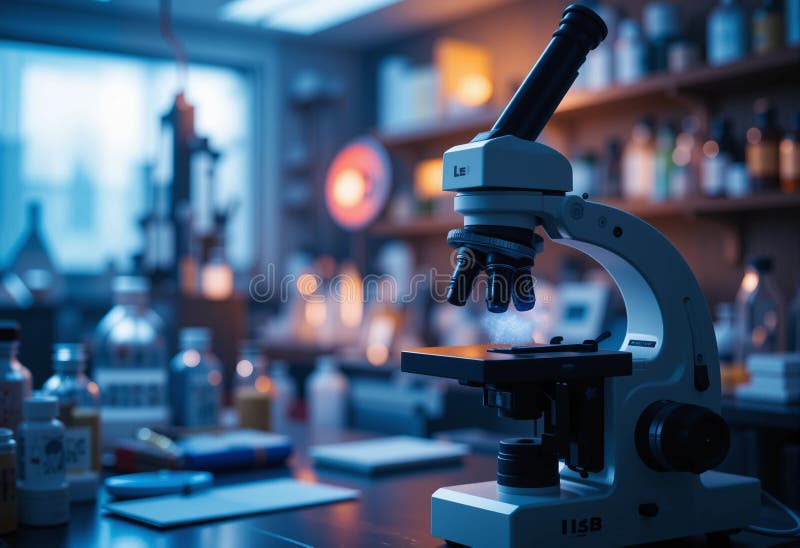 A Microscope is on a Table in a Lab Stock Illustration - Illustration ...