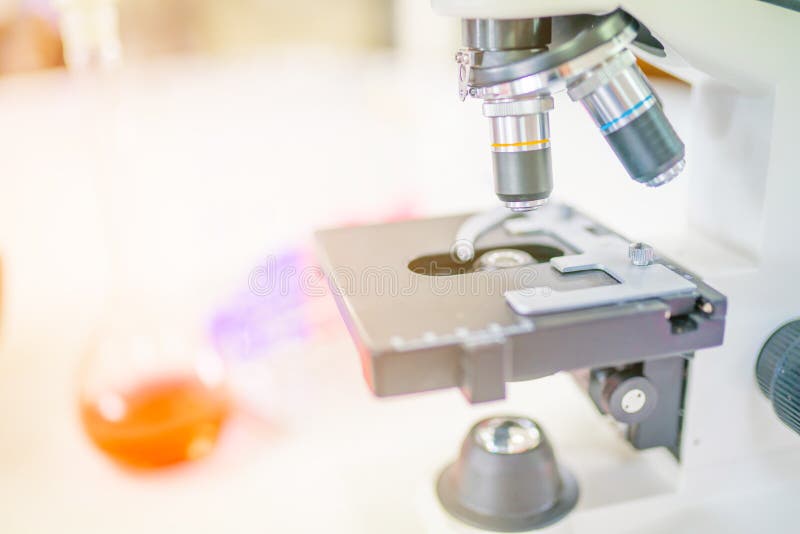 Microscope on the Table in Laboratory Room Stock Photo - Image of exam ...