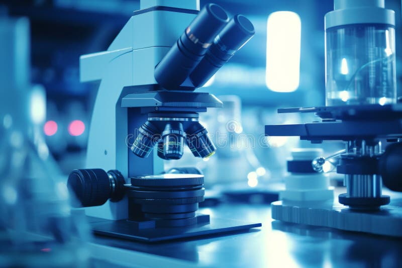 Microscope on the Table in Laboratory. Science Research Technology ...