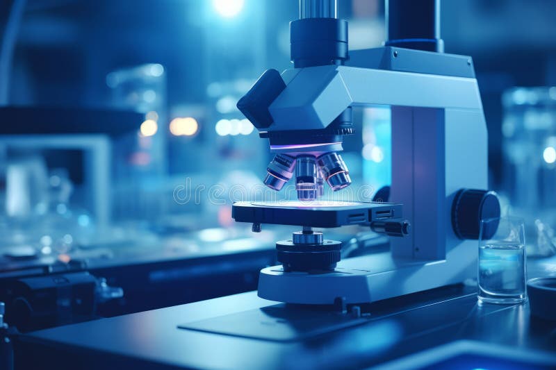 Microscope on the Table in Laboratory. Science Research Technology ...