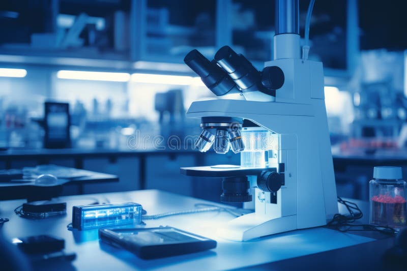 Microscope on the Table in Laboratory. Science Research Technology ...