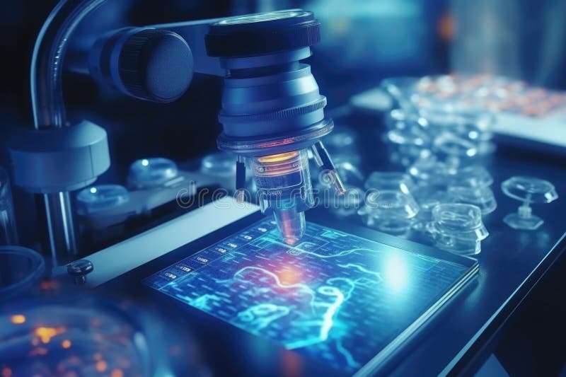 A Microscope and Tablet Placed on a Table. Suitable for Scientific and ...