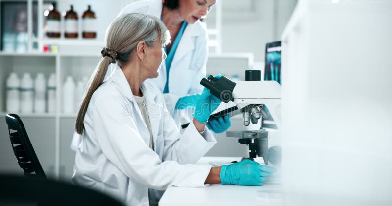 Microscope, Tablet and Scientist Women in Laboratory for Breakthrough ...