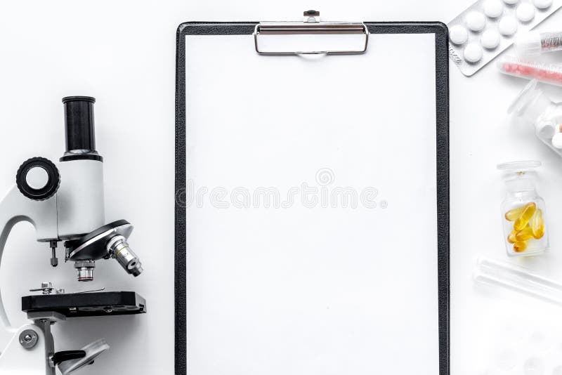 Microscope and Tablet on White Background Top View Mockup Stock Image ...