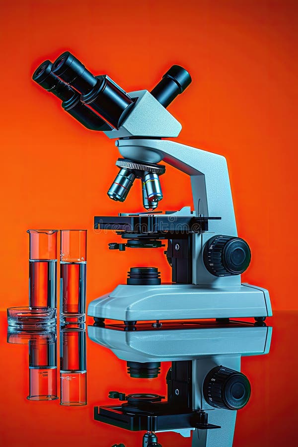 Microscope with Test Tubes Against a Vivid Orange Backdrop. Stock Image ...