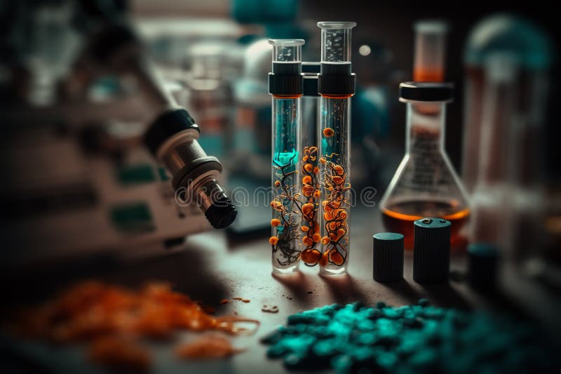Microscope and Test Tubes on Table, Science Research Generative AI ...