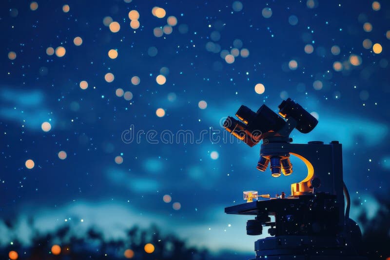 Microscope Under a Starry Sky with Glowing Bokeh in the Evening Stock ...