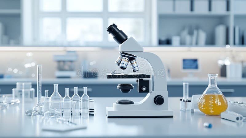 Microscope and Various Science Equipment are Arranged on Lab Table ...