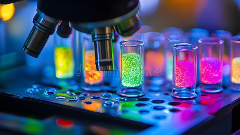 Microscope View of Bioengineered Cells Glowing. Stock Illustration ...