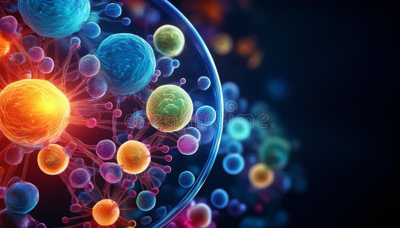 Power Microscope View of Bioengineered Cells Glowing in Different ...