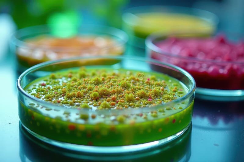 Microscope View of Vibrant Microalgae Cultures in Petri Dishes ...