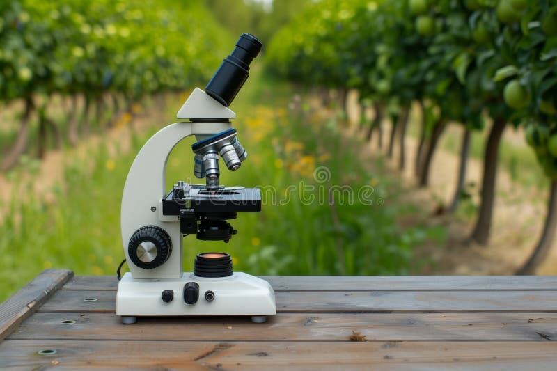 Microscope on Wooden Bench, Focused Viewer, Orchard Rows Gently ...