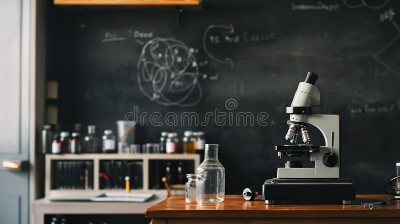 A Microscope on a Wooden Table in a Science Classroom Stock Image ...