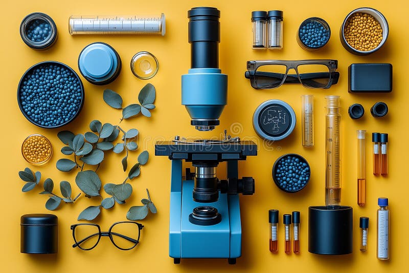 Microscope on Yellow Background with Glasses Stock Illustration ...