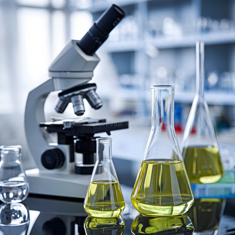 Microscope and Yellow Liquid-filled Flasks Highlighted in a Laboratory ...