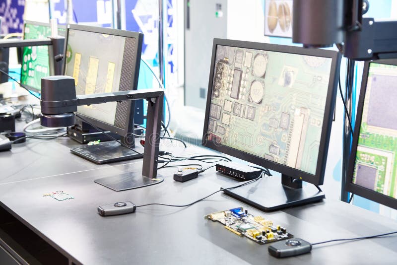 Microscopes for Electronic Boards with Monitors Stock Image - Image of ...