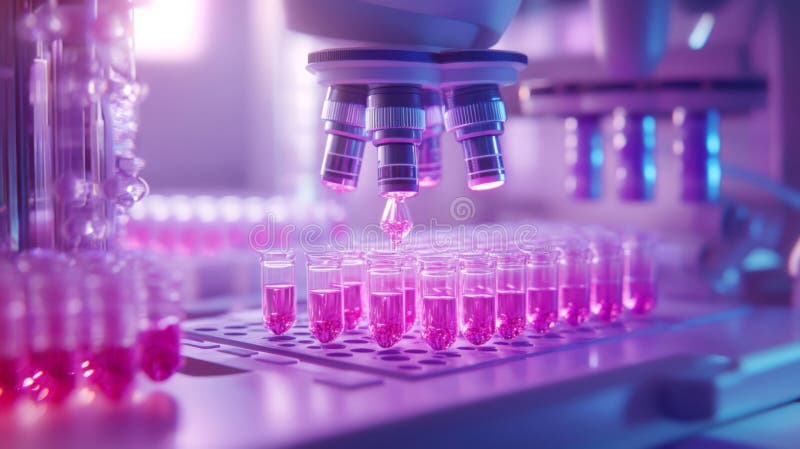 Microscopic Analysis of Pink Liquid Samples in Test Tubes Stock ...