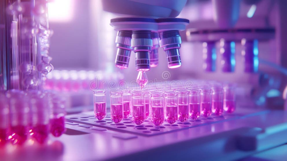 Microscopic Analysis of Pink Liquid Samples in Test Tubes Stock ...
