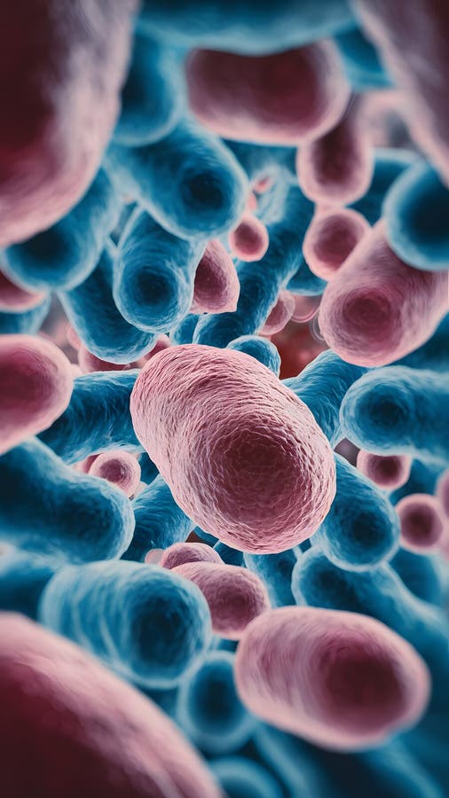 Microscopic Bacteria Cells, Detailed in Blue and Pink, Densely Packed ...