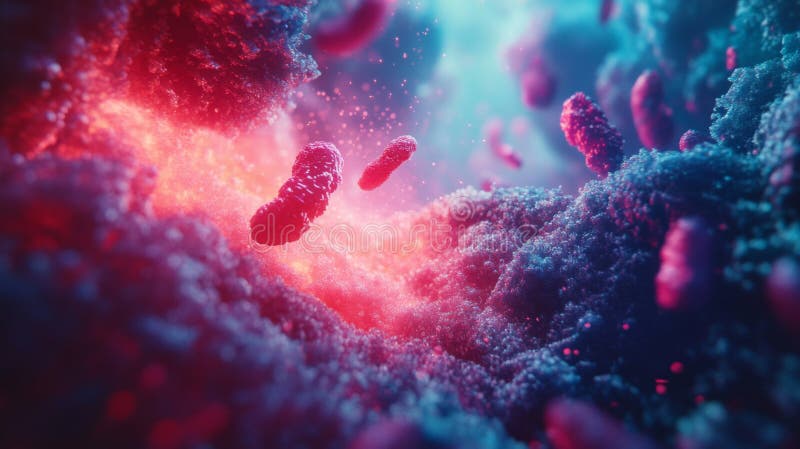 Microscopic Bacteria Colony Illuminated in Vivid Red and Blue Hues ...