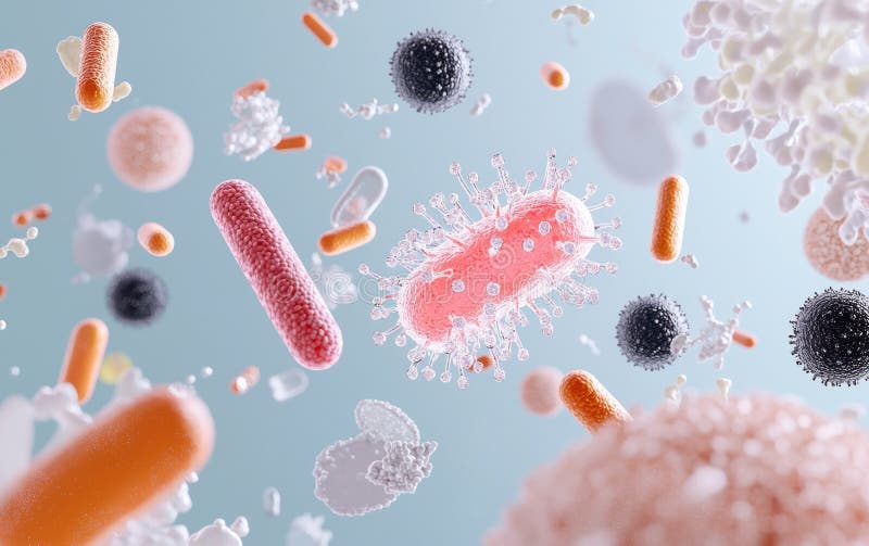 Microscopic Bacteria and Microorganisms in Light Blue Background Stock ...