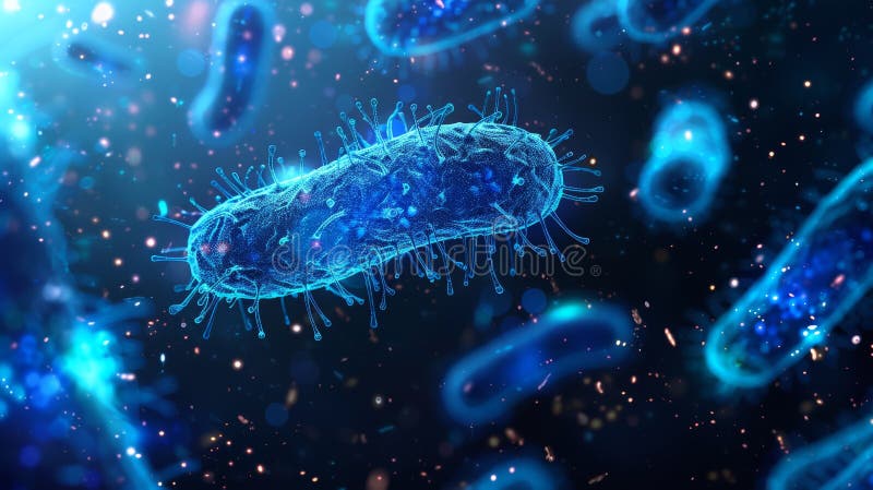 Microscopic Blue Bacteria in a Dark Background, Glowing with a Bright ...