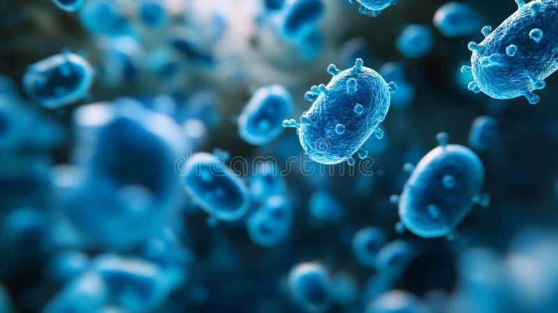 Microscopic Blue Virus Particles in Dark Background Stock Illustration ...