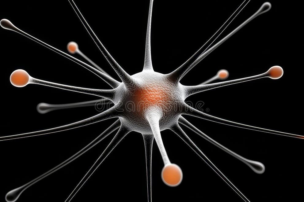 Microscopic Cell Structure with Radiating Appendages and Orange ...