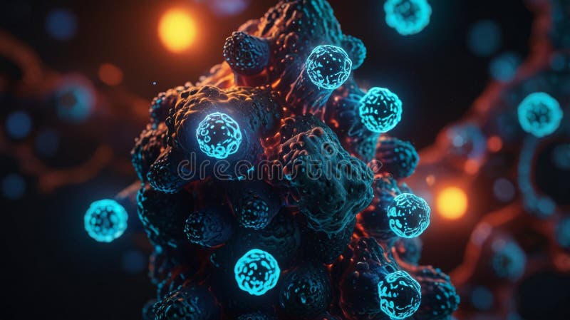 Microscopic Cellular Structure with Glowing Elements Stock Illustration ...