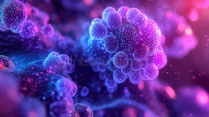 Microscopic Cluster of Illuminated Purple and Blue Cells Stock ...