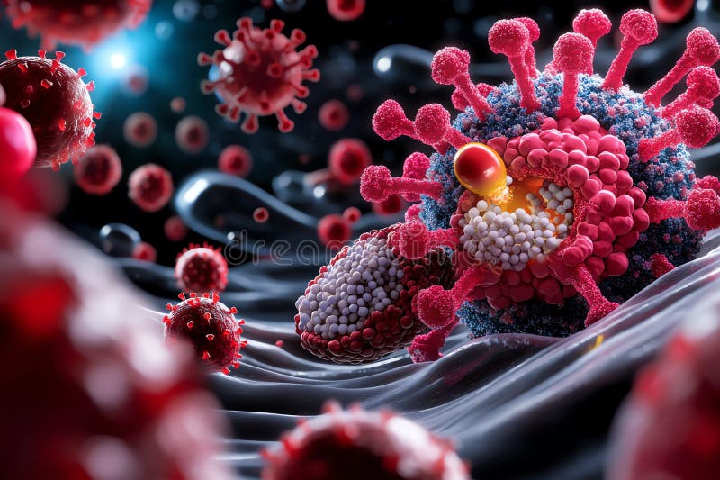 A Microscopic 3D Rendering of a Virus with Red Spikes, Surrounded by ...