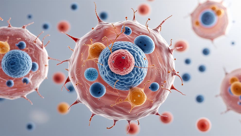 Microscopic Eukaryotic Cell with Nucleus and Organelles Labeled ...