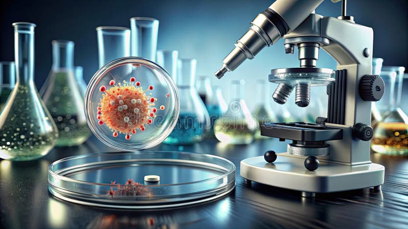 Microscopic Examination of a Pathogen in a Petri Dish with a Modern Compound Microscope and ...