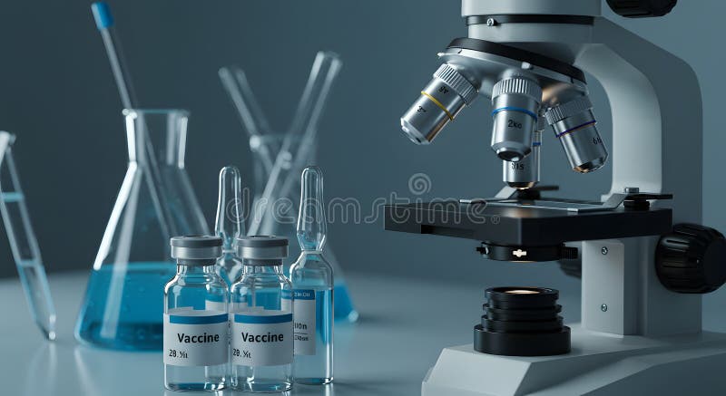 Laboratory Microscope and Vaccine Vials: Medical Research Concept Stock ...