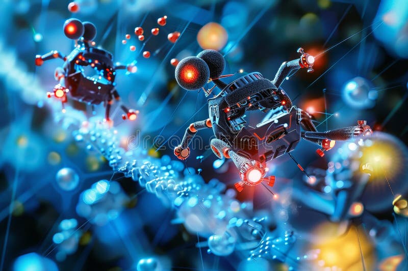 A Microscopic Illustration of Tiny Robots Interacting with Atoms Stock ...