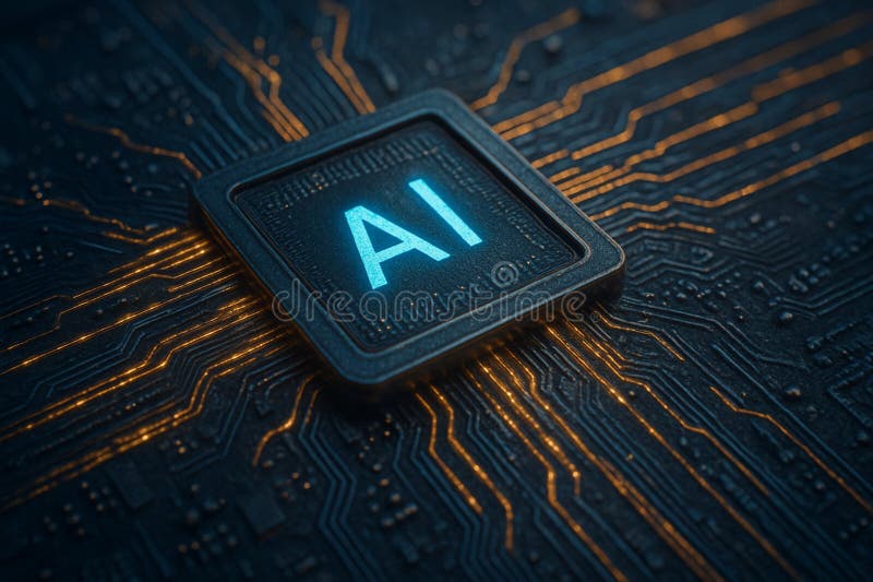 Microscopic Image of an AI Processor with a Glowing Data Stream ...