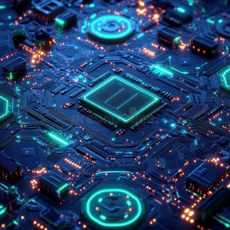 Microscopic Image of a Computer Processor Chip with Blue, Green ...