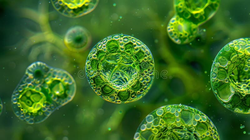 A Microscopic Image of Green Algae Cells Each with a Distinct Nucleus ...