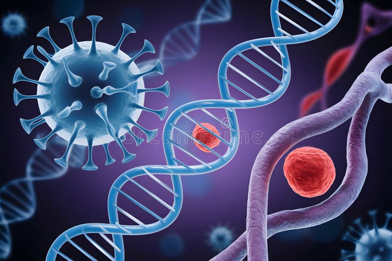 Microscopic Image Showcasing Virus, DNA, and Chromosome in Blue and ...