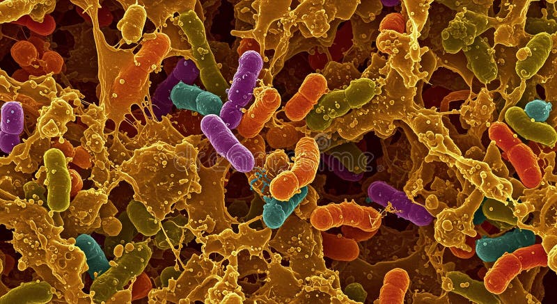 Microscopic Image Showing a Dense Cluster of Bacteria with Various ...
