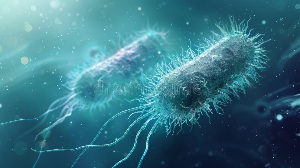 Microscopic Image of Two Bacteria Swimming in a Blue Liquid Stock ...