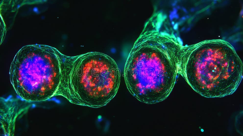 Microscopic Image of Two Fluorescently Labeled Cells Stock Illustration ...